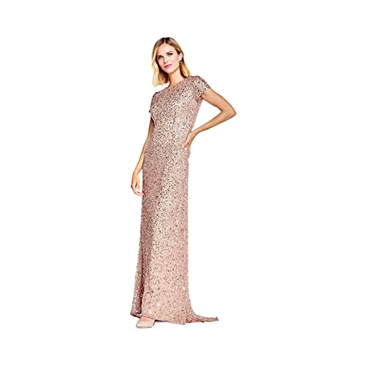 Adrianna Papell Women's Short-Sleeve All Over Sequin Gown, Rosegold, 16