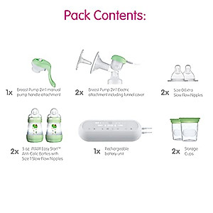 MAM 2-in-1 Double Electric Breast Pump & Manual Breast Pump, Portable Breast Pump with 2 Easy Start Anti-Colic Bottles & Breastfeeding Supplies