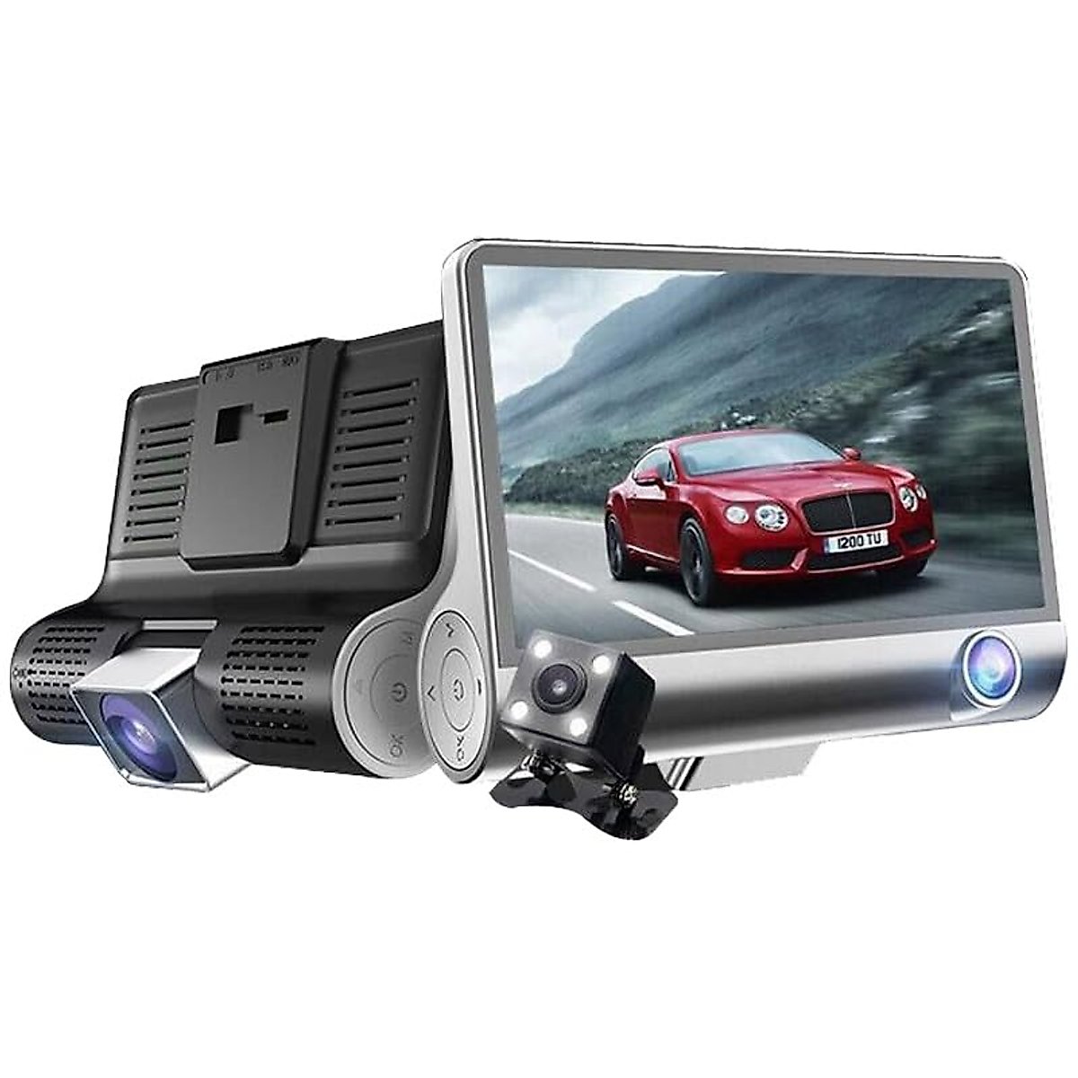 3-Channel Dash Cam with Front and Rear Inside Views, 1080P Full HD with 170-degree Wide-Angle Lens, IR Night Vision, Loop Recording, Reverse Assist, and 24-Hour Parking Recording.