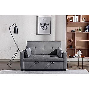 Polibi 55.1" Modern 3-in-1 Convertible Sleeper Sofa Bed w/Side Pockets, Linen Upholstered Pull Out Sofa Bed Couch with 3 Adjustable Angle Backrest and Two Throw Pillows (Dark Grey)