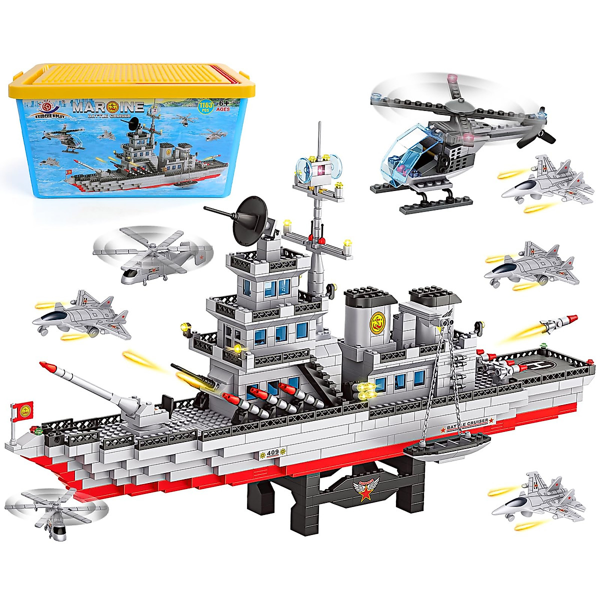 Aircraft Carrier Toy Building Blocks Set with Storage Box, 1131pcs, Army Battleship Aircraft Boat Building Toy with Army Helicopter, Come with Baseplate Lid, Gifts for Kids Boys Girls 6-12