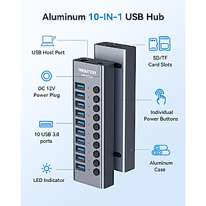 Powered USB 3.0 Hub, Wenter 10 Ports 36W Powered USB Hub, Aluminum USB Splitter with Individual On/Off Switches, SD/TF Card Readers and 12V/3A Power Adapter for PC/Laptops/MacBook Pro/Air/iMac/iPad
