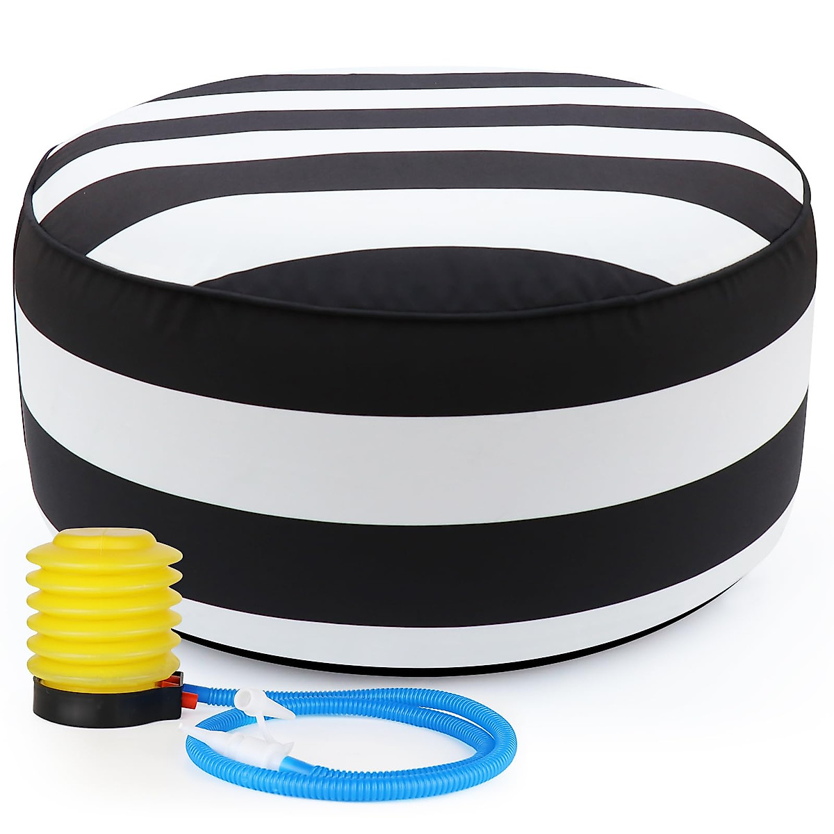 Iheqard Inflatable Outdoor Ottoman for Patio Waterproof Garden Footstool, D21 x H9 Portable Inflatable Foot Rest for Air Travel, Round Pouf for Camping,Home and Pool (Cabana Black)