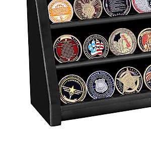ASmileIndeep 4 Rows Wooden Military Challenge Coin Display Case Wall Mount - Army Coin Collectibles Holder Display Stand Rack, Black