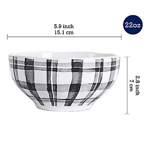 Bico Black and White Plaid Ceramic Cereal Bowls, Set of 4, for Pasta, Salad, Cereal, Soup & Microwave & Dishwasher Safe