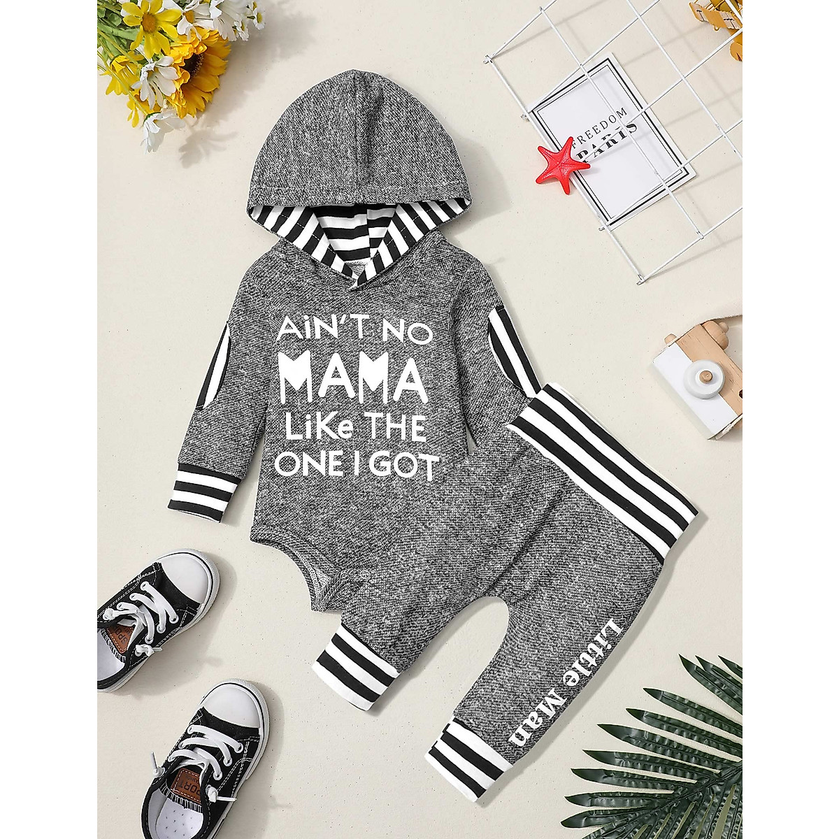 Fommy Baby Boy Clothes 0-3 Months boy clothes Letter Print Hoodies+Little Man Stripe Long Pants 2PCS Infant Boy Outfit Baby Boy Stuff Gifts Clothing Set