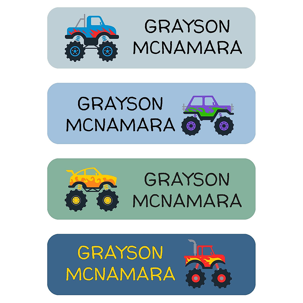 128 Monster Truck Custom Kid Name Label for Daycare, Waterproof Dishwasher Safe, Personalized Name Sticker for Camp, School Supply, Baby Bottle, Lunch Boxes, Water Bottle, Cups (Pattern2)