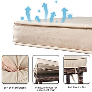 Yaheetech 3pcs Patio Bar Set, Outdoor Wicker Bar Furniture with 2 Storage Shelves, Glass Top Table, Removable Cushions and Two Stools for Backyards, Porches, Gardens or Poolside