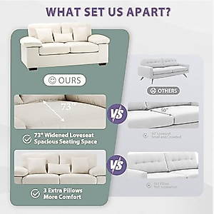 COLAMY Loveseat Sofa,73" Love Seat Couches Living Room Sofa with 3 Pillows,Upholstered Modern Comfy Chenille Seat Cushions Bedroom Couch,Beige