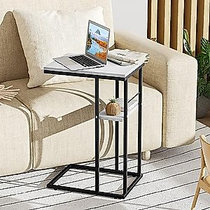 QZIXB C Shaped End Table, Side Table for Sofa Couch and Bed, Small Side Table with Metal Frame for Small Spaces, Living Room, Bedroom, Snack Table (White)