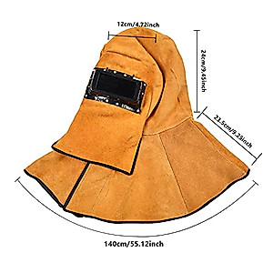 Leather Welding Mask, Leather Welder Hood Leather Mask Welder Helmet with Auto Darkening Filter Lens, Work Cap Welding Helmet, Yellow (Full Face+Neck Shoulder Coverage)