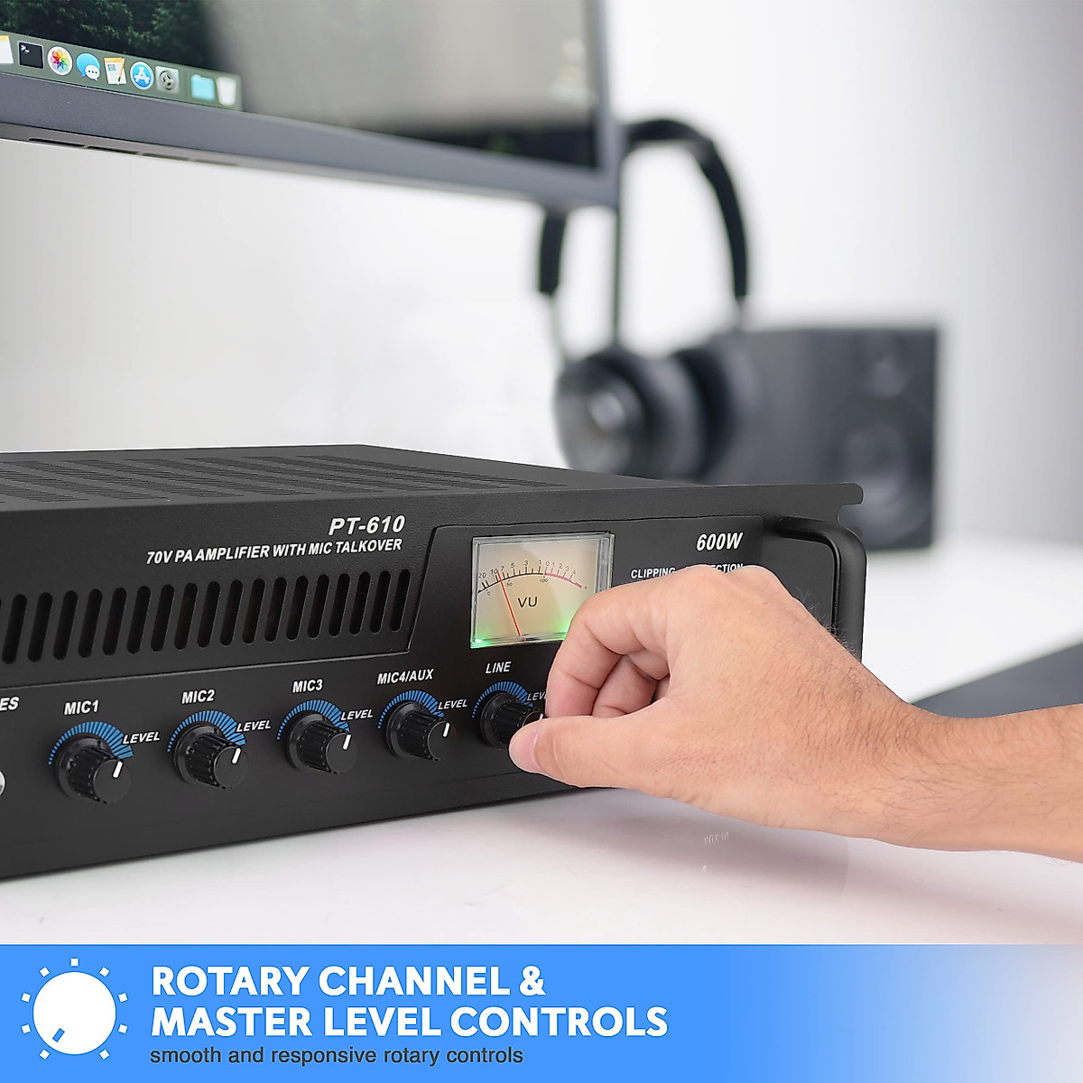 PyleHome 5-Channel Home Audio Power Amplifier - Mixer w/ 70V Output - 600 Watt Rack Mount, Headphone, Mic Talkover for PA System Great for Commercial Entertainment Use -Pyle PT610