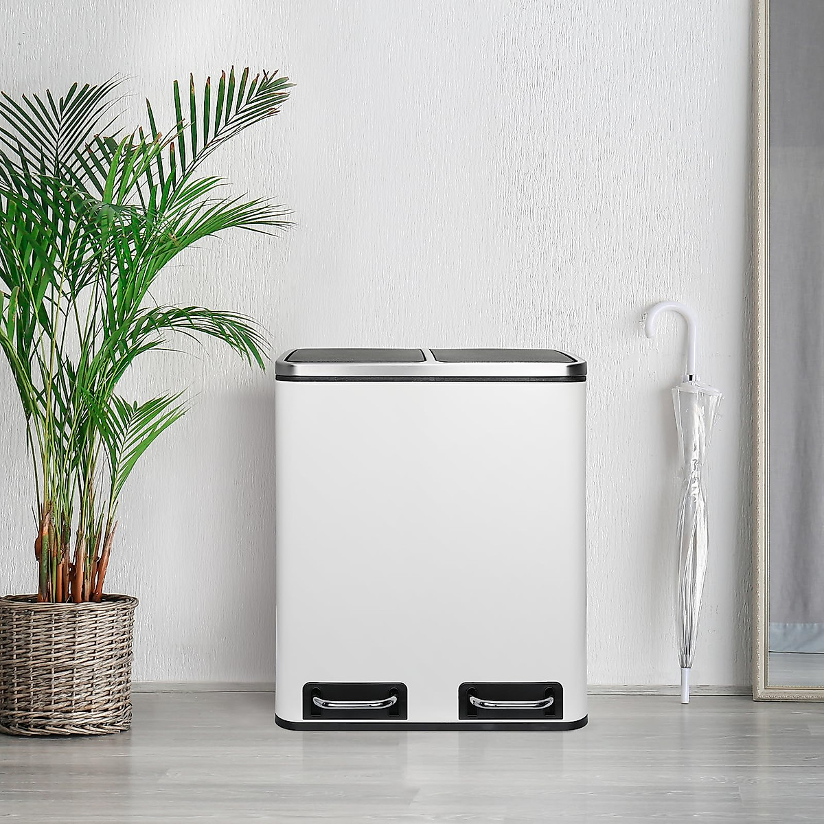 Arlopu 8 Gallon Dual Trash Can, 30L(2X15L) Stainless Steel Kitchen Garbage Can, Step-on Classified Recycle Garbage Bin with Removable Inner Buckets, for Kitchen, Living Room, Office (White)