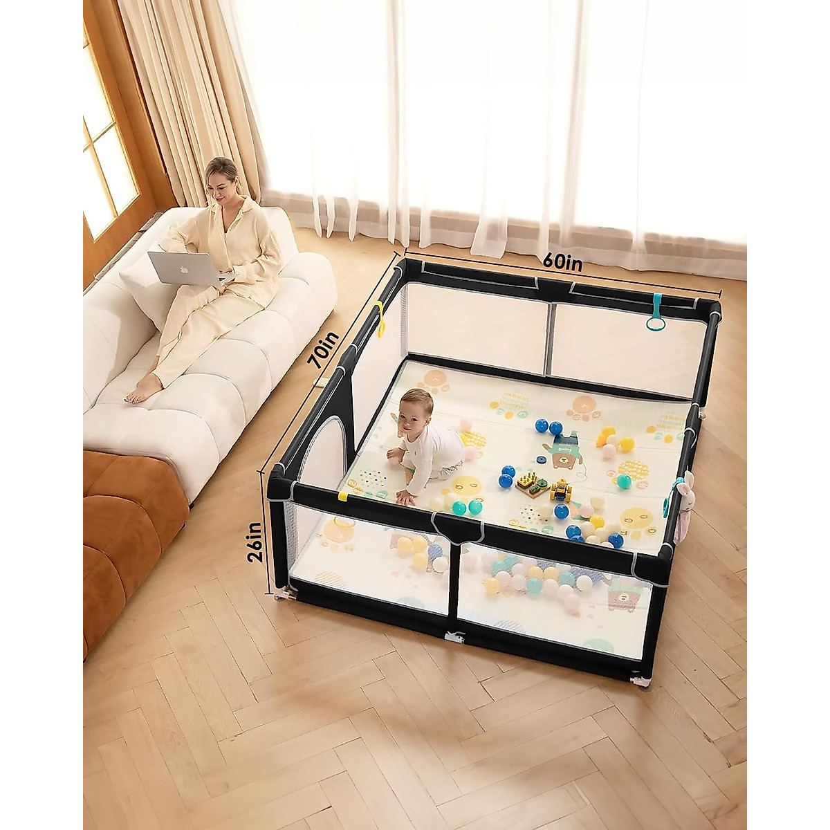 dearlomum Baby Playpen with Mat 71" X 59", Extra Large Play Yard for Babies and Toddlers, Safety Baby Fence, Indoor & Outdoor Kids Activity Play Center with Anti-Slip Suckers and Zipper Gate(Black)