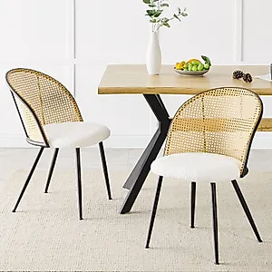 Bekrvio Rattan Dining Chairs Set of 2, Mid-Century Modern Kitchen Dining Room Chairs with Full Cane Backrest Armless Upholstered Farmhouse Boucle Dining Chairs with Metal Leqs for Dining Room, White