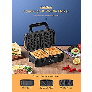 HOUSNAT 3 in 1 Sandwich Maker, Waffle Maker with Removable Plates, 1200W Panini Press with Interchangeable Non-Stick Plates, Indicator Lights, 5-gear Temperature Control, Silver/Black