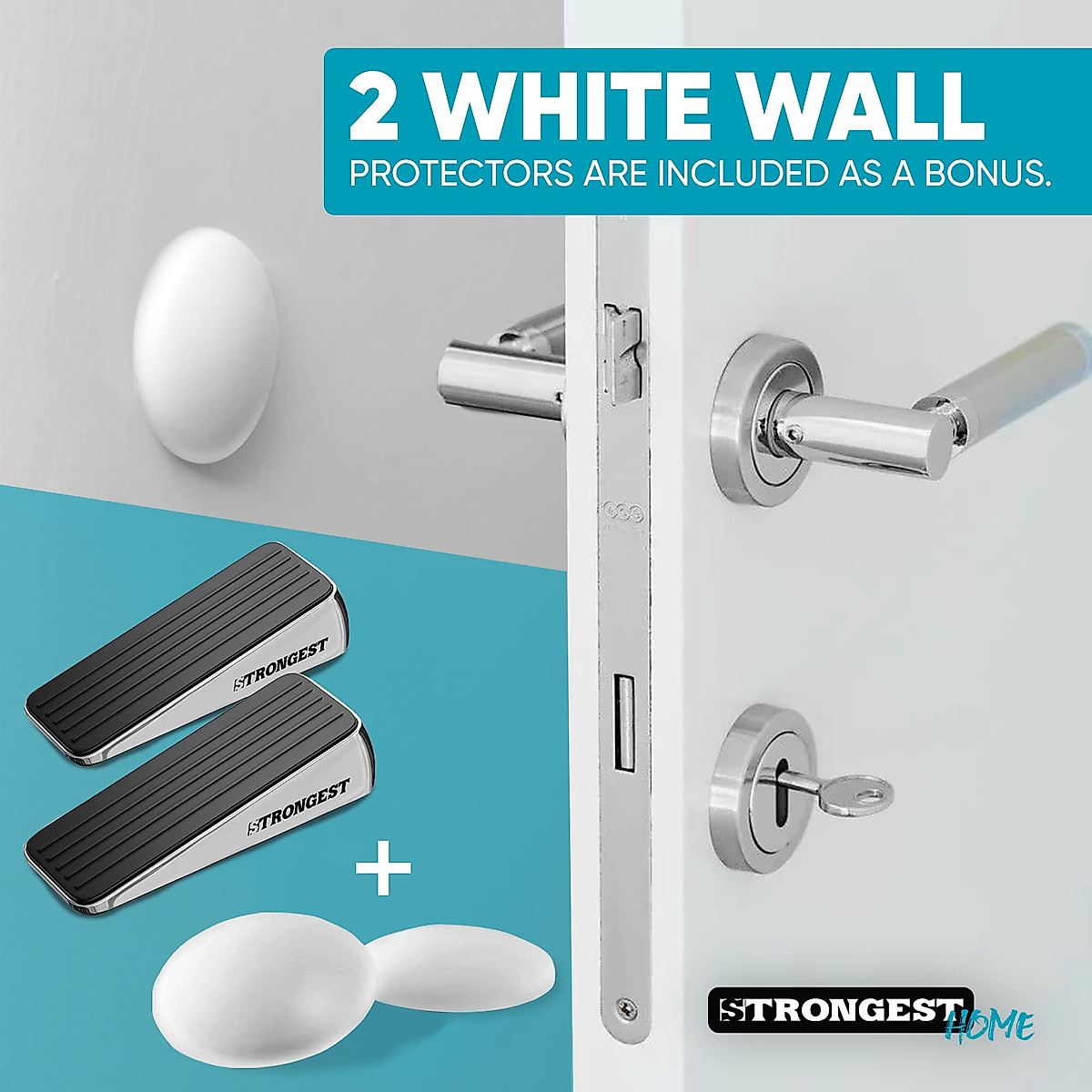 Strongest Door Stopper, Heavy Duty Door Stop Wedge Made of Premium Quality Zinc and Rubber Suits Any Door, Any Floor. Set of 2 Plus Bonus Self Adhesive Wall Protectors