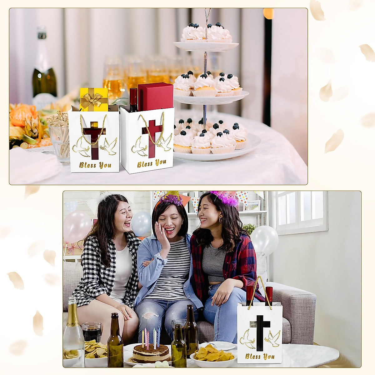 Fulmoon 50 Pack 10 Inch White Cross Gift Bag Bulk Church God Bless Bags with Handles Religious Baptism Gift Favors for First Communions Confirmation Weddings Clergy Day Easter Christenings