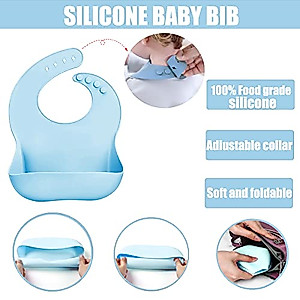 xuan dian Silicone Baby Feeding Set, Silicone Suction Plate Shape Self Feeding Adjustable Bib，Suction Plate for Baby Toddler with Spoon Fork Adjustable Bib Set-Blue