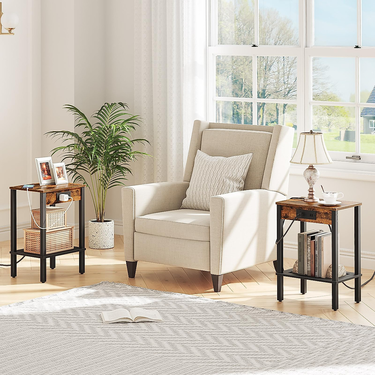 HOOBRO Side Table with Charging Station, Set of 2 End Tables with USB Ports and Outlet, Nightstand with 2-Tier Storage Shelf, for Living Room, Bedroom, Small Space, Rustic Brown and Black BF91UBZP201