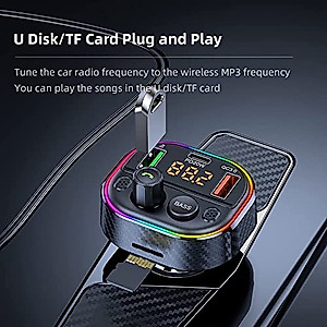 Bluetooth 5.1 FM Transmitter for Car, Bluetooth Car Adapter with PD20W+QC3.0 Car Radio Music Adapter, Supports Handsfree Call Siri Google Assistant, SD Card/U Disk, 7 Color LED Backlit, LED Voltmeter