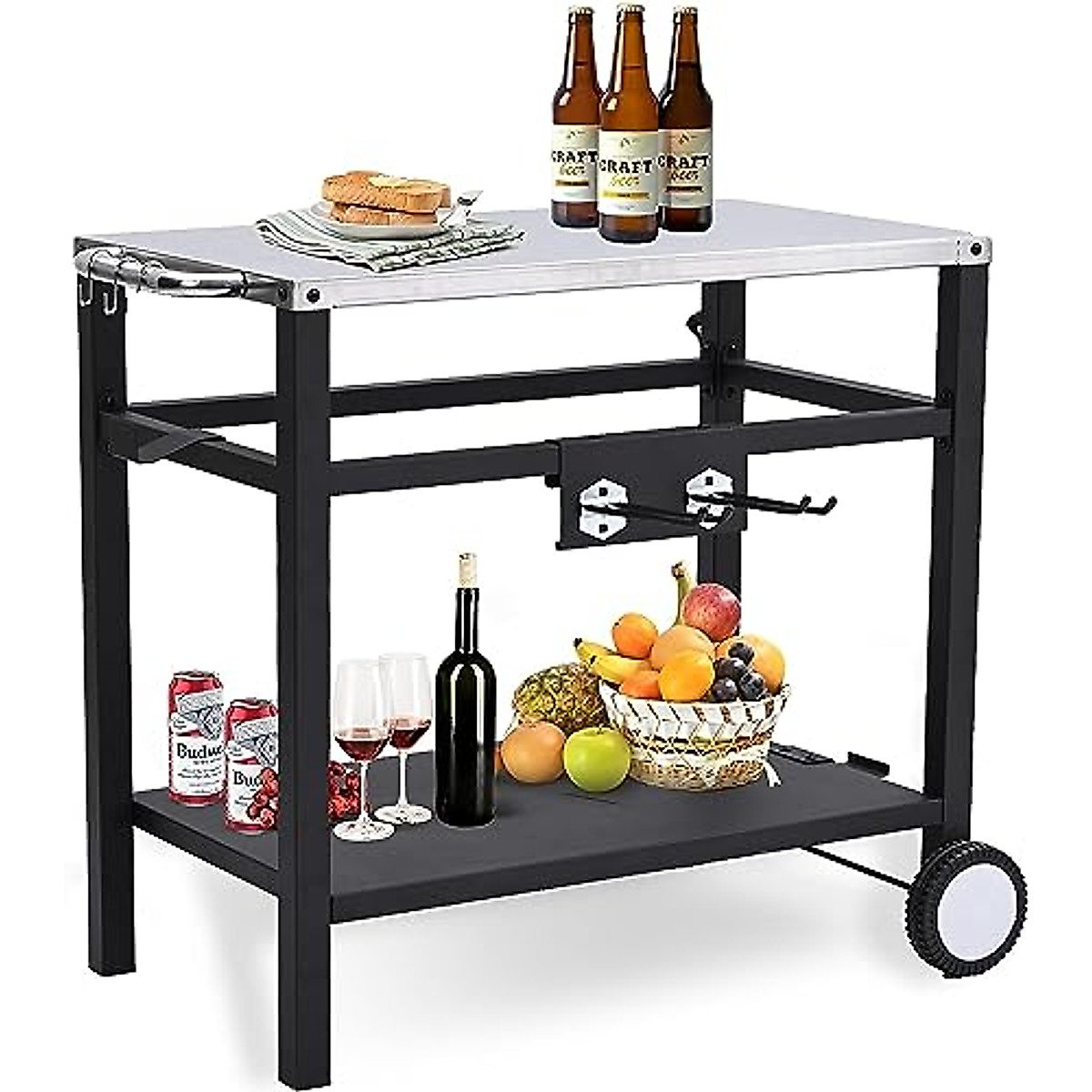 Outdoor Grill Cart Pizza Oven Stand with Foldable Side Table, 33.5" x 19.7", BBQ Prep Table with Wheels & Hooks, Side Handle, Double-Shelf Grilling Cart Tabletop Griddle Cooking Station,Silver