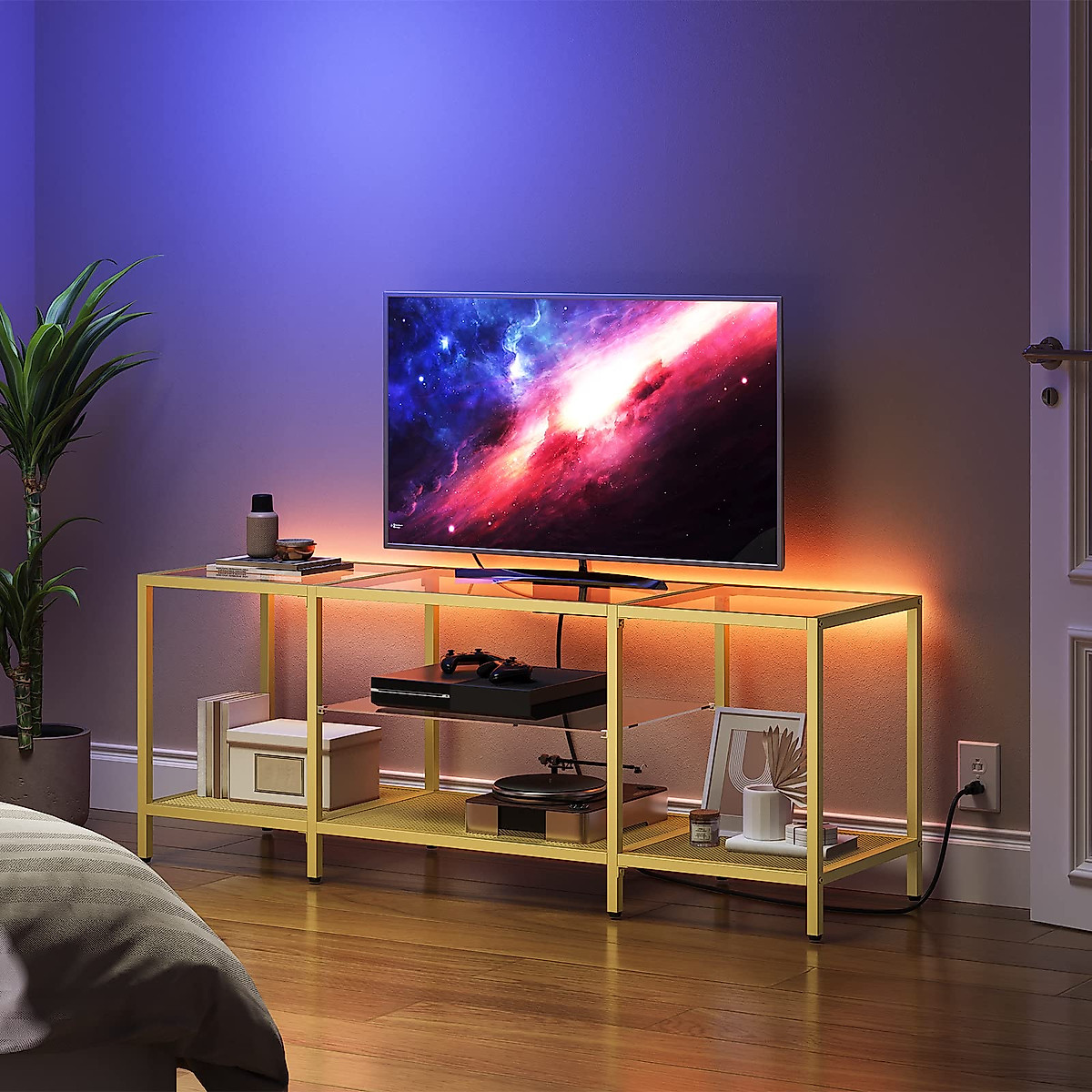 HOOBRO TV Stand with LED Lights and Power Outlets for TVs up to 65", Modern 55 Inch Tempered Glass TV Console Table with Open Shelves, Media Entertainment Center for Living Room, Gold GD145UDS01