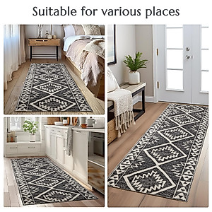 JINCHAN Boho Kitchen Runner Rug 3x12 Moroccan Trellis Hallway Runner Rug Washable Tribal Runner Non Slip Soft Geometric Thin Farmhouse Rug for Bedroom Bathroom Laundry Room Living Room Heathered Black