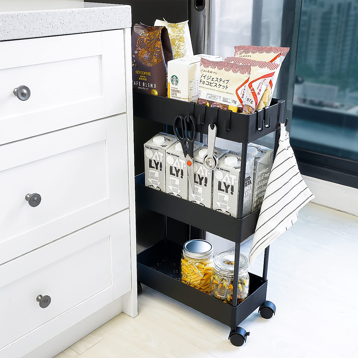 CAXXA 3 Tier Slim Mobile Utility Cart Rolling Cart,Plastic Basket Storage Organizer, for Kitchen Laundry Bathroom Living Room Narrow Place Slide Out Storage Cart with Casters (Black, 15.75Lx7W)