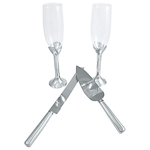 Silver Toned Champagne Flutes and Cake Server Set