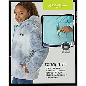 Eddie Bauer Girls' Reversible Jacket - Deer Harbor Waterproof Lightweight Puffer Coat with Faux Shearling Lining (5-20), Size 5/6, Aqua