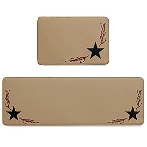 2 PCS Cushioned Anti-Fatigue Kitchen Mats and Rugs, Vintage Brown Absorbent Bath Mat Non-Slip Area Rug Accent Runner Floor Carpet Washable Indoor Doormat Standing Comfort Mat Black Star and Plant