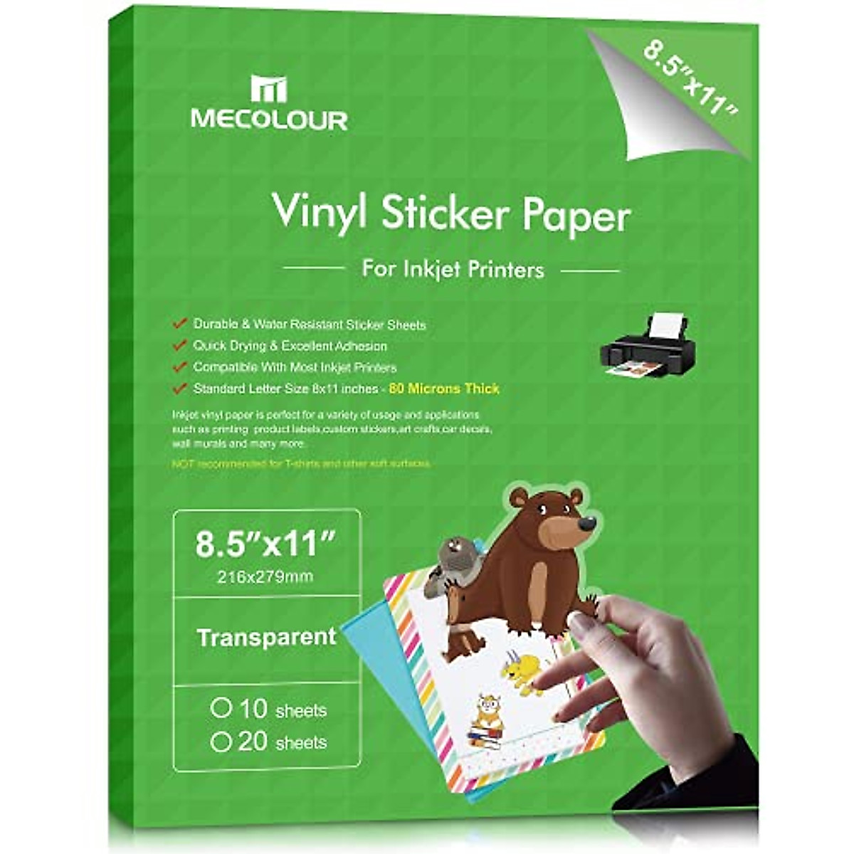 MECOLOUR Premium Printable Vinyl Sticker Paper Transparent 20 Clear Sheets, No-waterproof, Vivid Colors, Tear Resistant - for Any Inkjet Printer