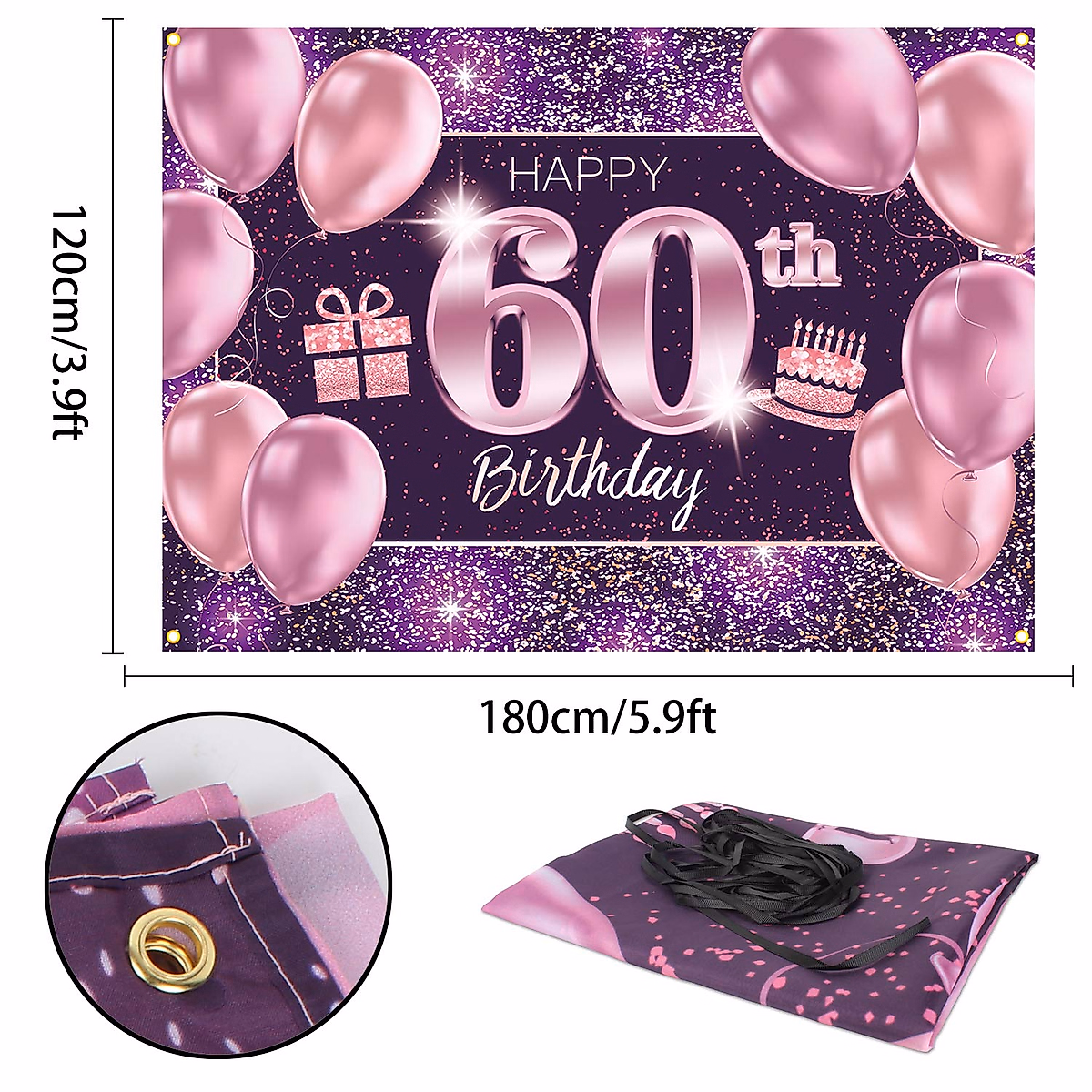 PAKBOOM Happy 60th Birthday Banner Backdrop - 60 Birthday Party Decorations Supplies for Women - Pink Purple Gold 4 x 6ft