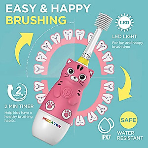 MEGA TEN 360-Degree Kids Electric Toothbrush Made in Korea | LED Light & Soft Microfiber Bristles & Comfortable Grip | Fun & Easy Brushing for Kids 12-48 Months | Built-in Timer | BPA Free | Pink Cat