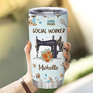 Hyturtle Personalized Gifts For Sewing Lover - SOcial Worker Custom Name Stainless Steel Tumbler 20 oz With Lid - Idea Quilting Lover Gifts For Women, Girl On Birthday, Christmas