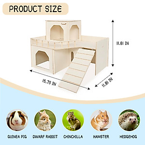 Wooden Guinea Pig Hideout House with Ramp, Large Guinea Pig Castle, Multi-Chamber Small Animal Habitat Decor, Cage Accessories for Hamster Guinea Pig Chinchilla Dwarf Rabbit Hedgehog Squirrel