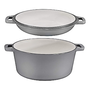 Bruntmor 2-in-1 Enamel Cast Iron Dutch Oven With Handles - Crock Pot Grey Cast Iron pot with Skillet lid - All-in-One Cookware Braising Pan for Casserole Dish - 5 Quart, Grey