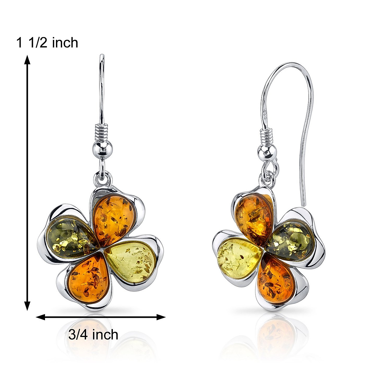 Peora Genuine Baltic Amber Shamrock Lucky Clover Earrings for Women 925 Sterling Silver, Pear Shape, Rich Multiple Colors, Fishhooks