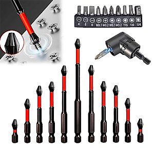 22Pcs Screwdriver Bit Set, D1 Magnetic Anti-Slip High Hardness Impact Resistance Bits 11Pcs +Right Angle Drill Attachment 105° 1Pcs +Short Screwdriver Bits 10Pcs, Used for Electric Hand Tool
