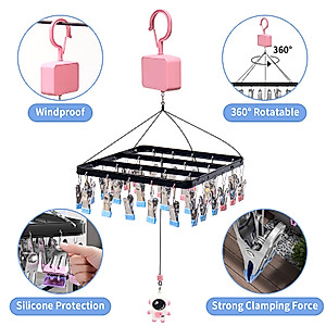 BEIJITA Liftable Sock Drying Rack, Stainless Steel Clothes Drying Hanger with 30 Clips, Socks Hanger Dryer with Swivel Wind-Proof Hook, Laundry Hanger for Socks, Towels, Bras, Lingerie, Baby Clothes