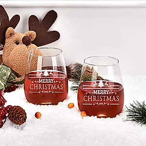 Set of 2 Christmas Wine Glasses, Merry Christmas Stemless Wine Glasses Set, Christmas New Year Gifts for Friends Family Women Men, Christmas Decoration for Christmas Party Couple Party Use 15Oz