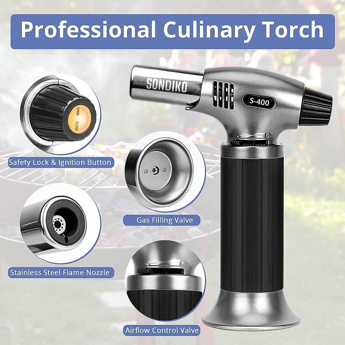 Sondiko Culinary Butane Torch, Black and Gray SP400, Fit All Small Butane Tanks with Safety Lock and Adjustable Flame for Desserts, Creme Brulee(Butane Gas Not Included)