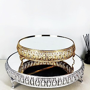 13 Inches 33cm Gold Round Mirror Cake Stand Cupcake Stands Metal Pedestal Holder with Crystals, Party Dessert Cheese Display Plate for Wedding Party Birthday Baby Shower Celebration Home Decoration