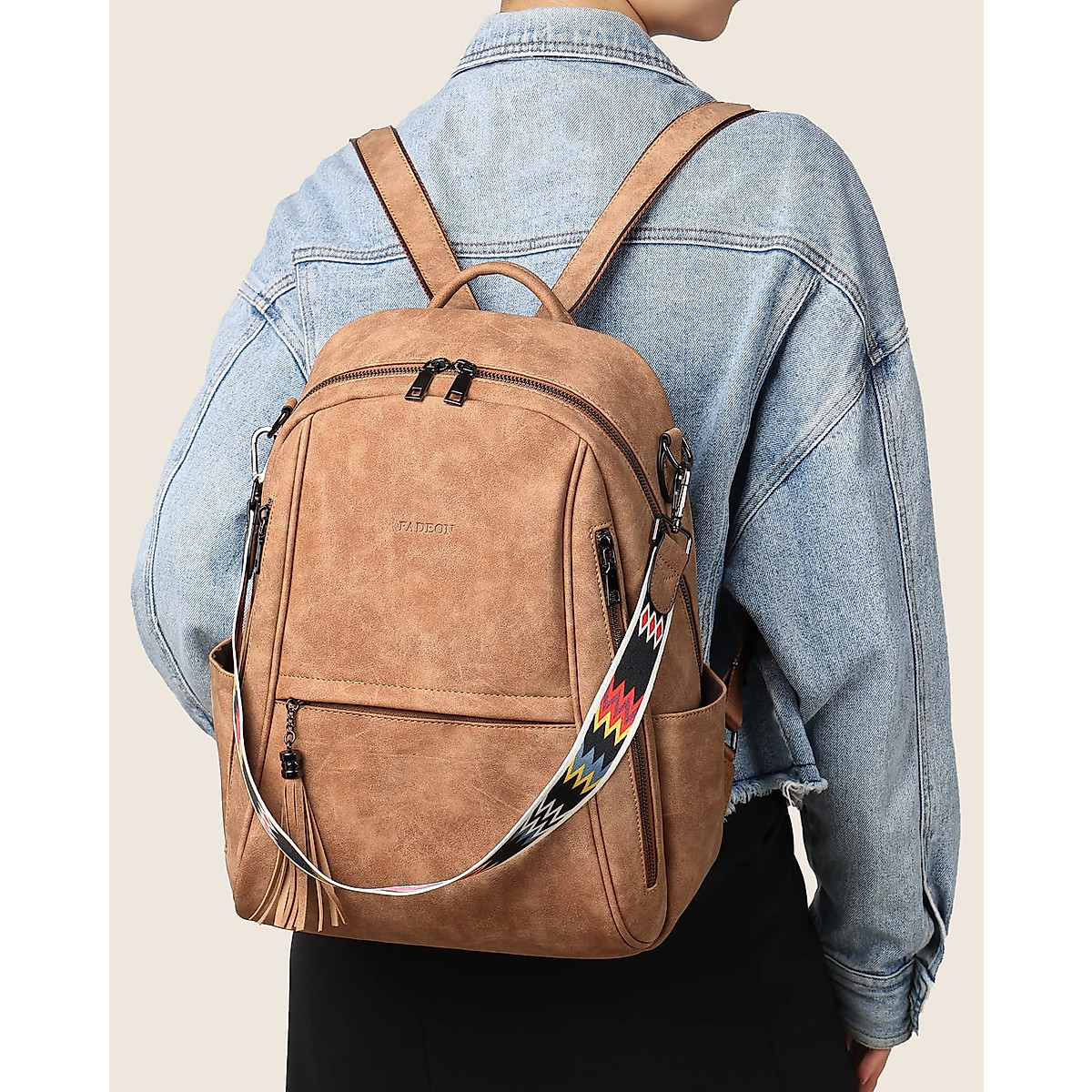 FADEON Leather Laptop Backpack Purse for Women Small Designer Laptop Bag,Multi-Pockets Travel Ladies Shoulder Bag Brown