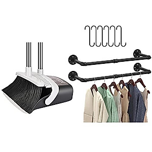 Industrial Pipe Clothes Rack for Hanging Clothes Coats Laundry Room Organizer Storage Hanger Shelf Space Saving, Long Handle Broom and Dustpan Set