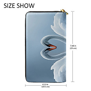 Two Swan Ducks Making Heart Swimming on Water Beautiful Scene Leather Long Wallet Organizer with Zipper Purse Clutch Bag for Women Men