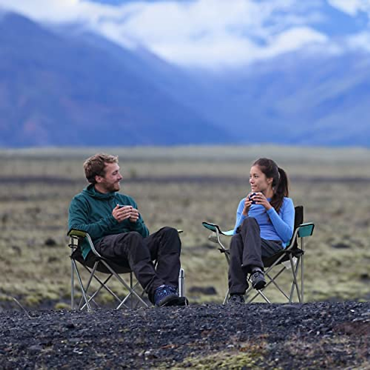 VILLEY Camping Chairs, Padded Folding Chair, Outdoor Portable High Camp Chair, Foldable Outside Arm Chair with Cup Holder & Carry Bag, Green