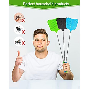 Wapodeai 3 pcs Fly Swatter, Fly Swatter Plastic,Telescopic Fly Swatters, Large Bug Swatter That Work for Indoor and Outdoor. (Black Blue Green)
