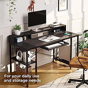 Rolanstar Computer Desk with LED Lights & Power Outlets, 55” Gaming Desk with Storage Shelves, Home Office Desk with Keyboard Tray & Monitor Stand, with Hooks, Carbon Fiber Surface Black